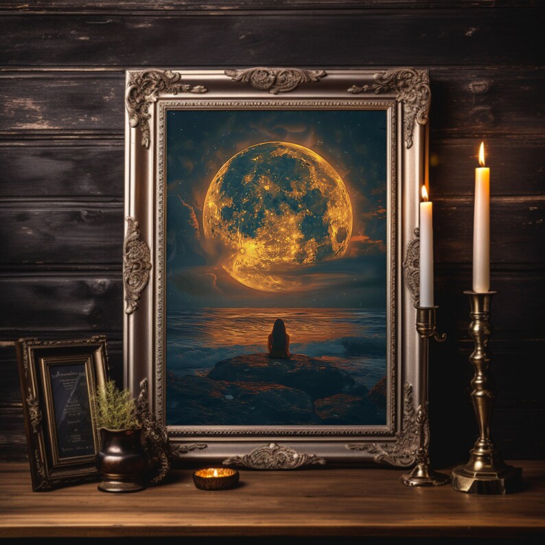 Moon Ritual Wall Art, Moody Wall Art, Full Moon Wall Art, Coastal Wall ...