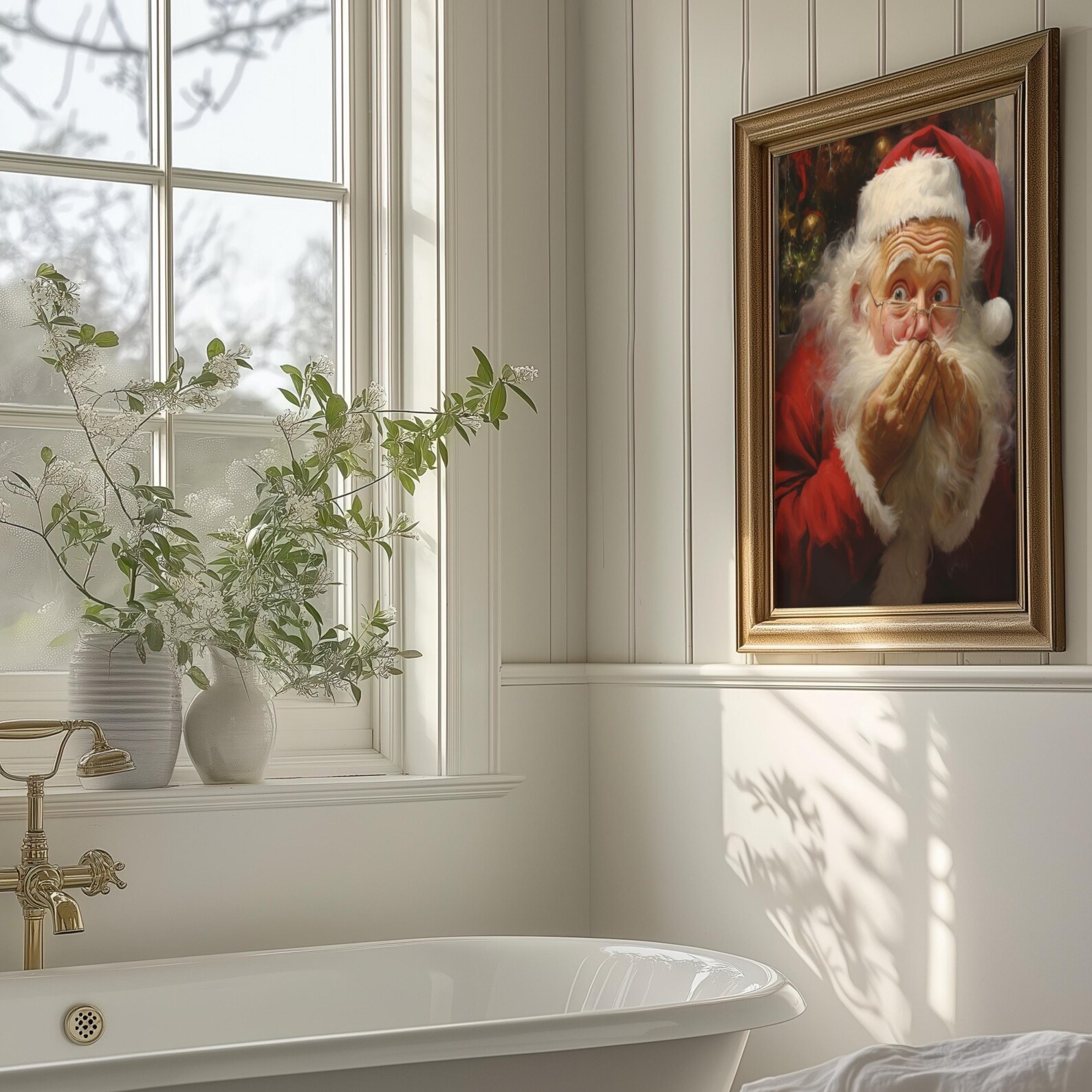 Classic Santa Painting, Funny Bathroom Wall Art, Santa in Bathroom ...