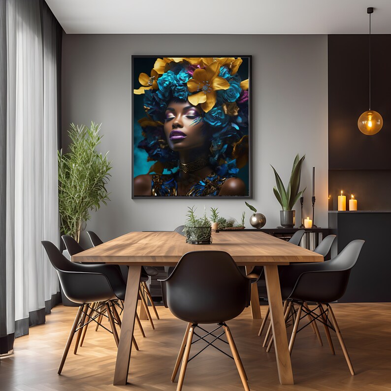 Black Girl Art Poster, Black Woman Head Flowers Wall Art, Black Art, Afro Art, African American ...