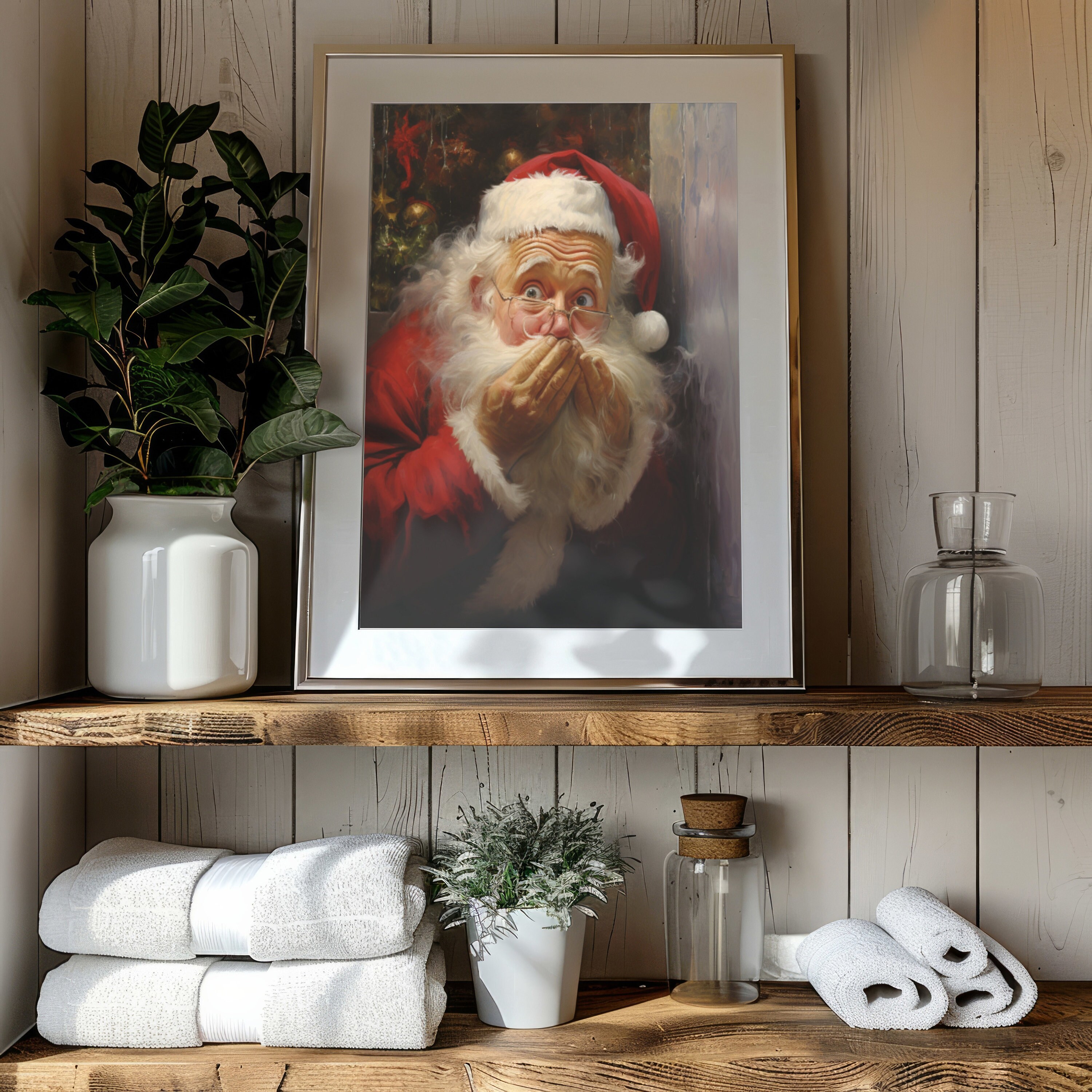 Classic Santa Painting, Funny Bathroom Wall Art, Santa in Bathroom ...
