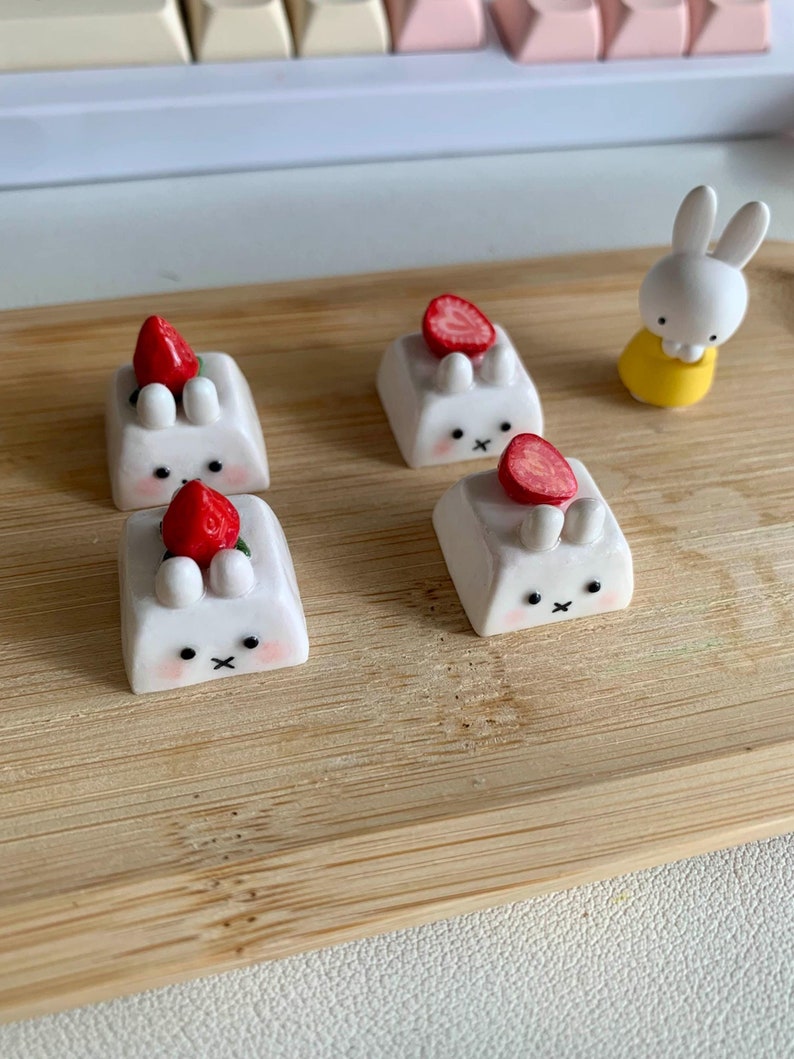 Strawberry Miffy Bunny Keycaps | Cute Handmade Artisan Keycaps for ...
