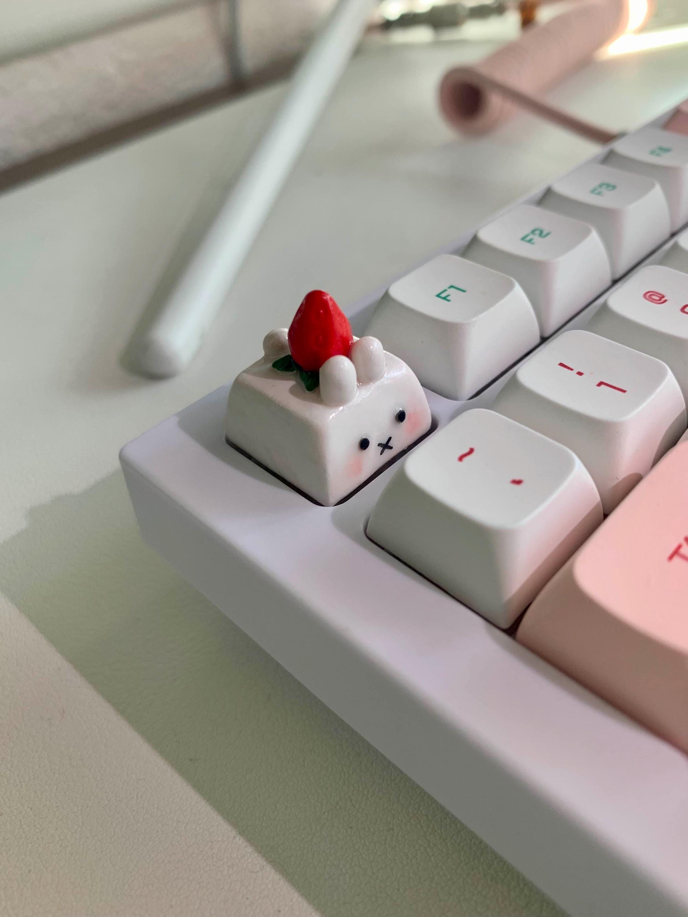 Strawberry Miffy Bunny Keycaps | Cute Handmade Artisan Keycaps for ...