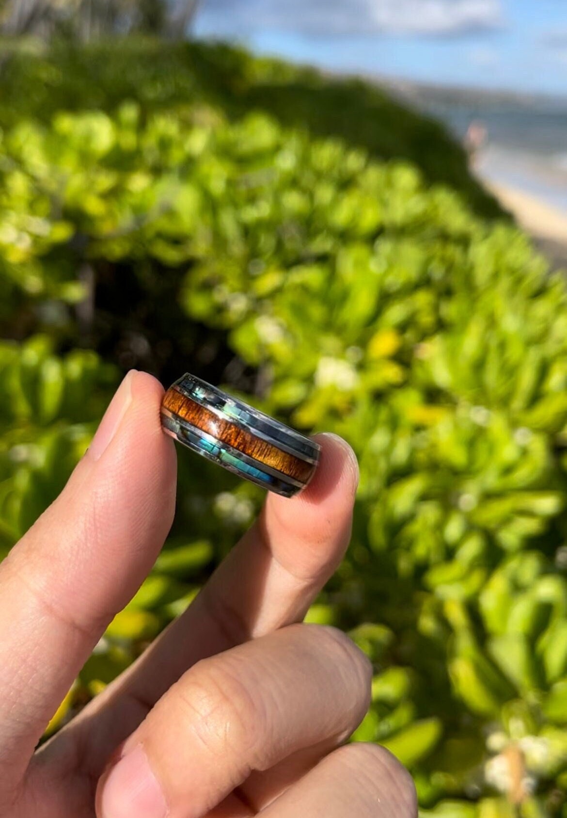 Hawaiian Wood and Abalone Shell Inlay Band Ring - Etsy