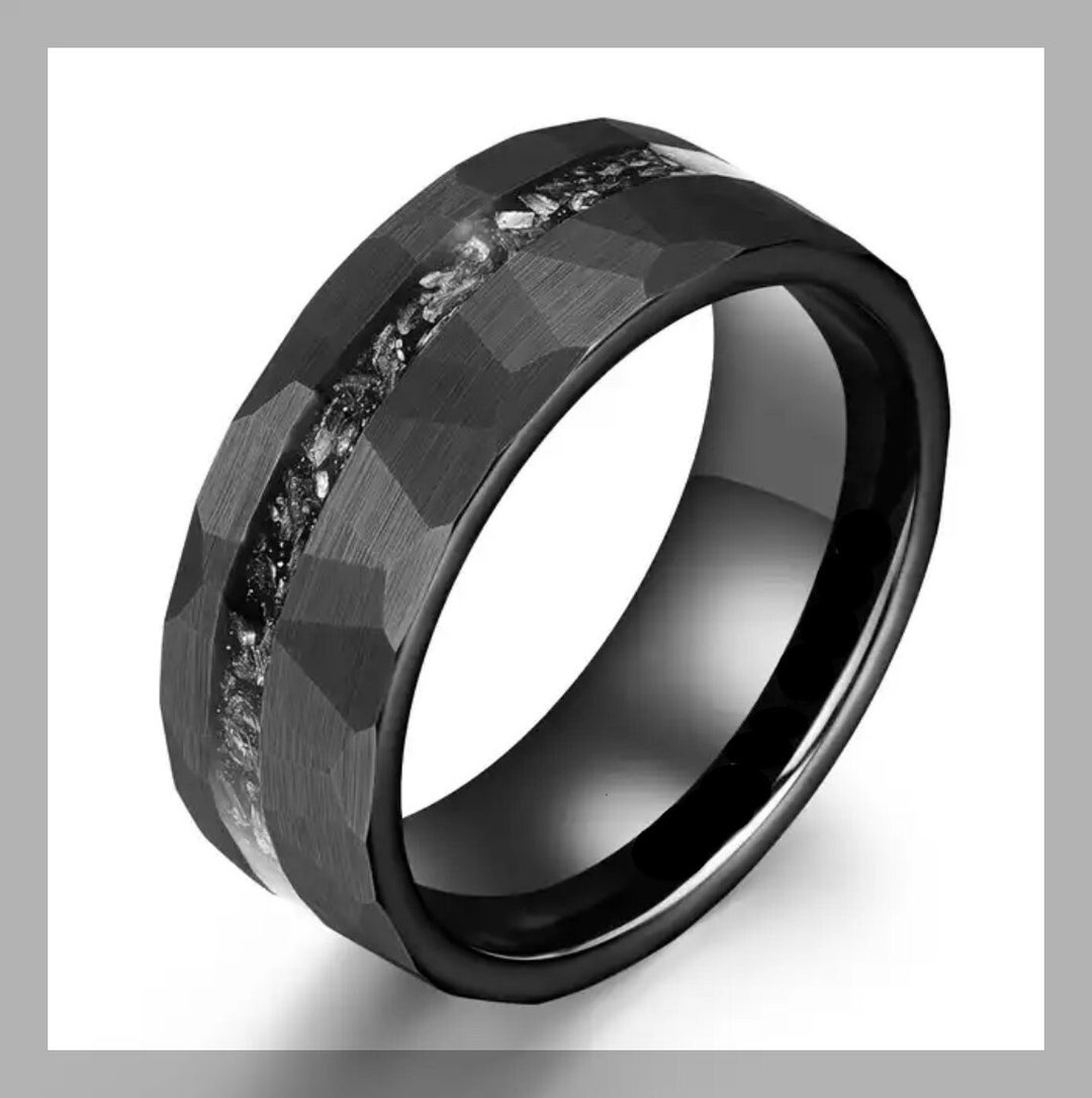 Matte Black Obsidian and Meteorite Hammered Tungsten Men's Wedding Bang ...