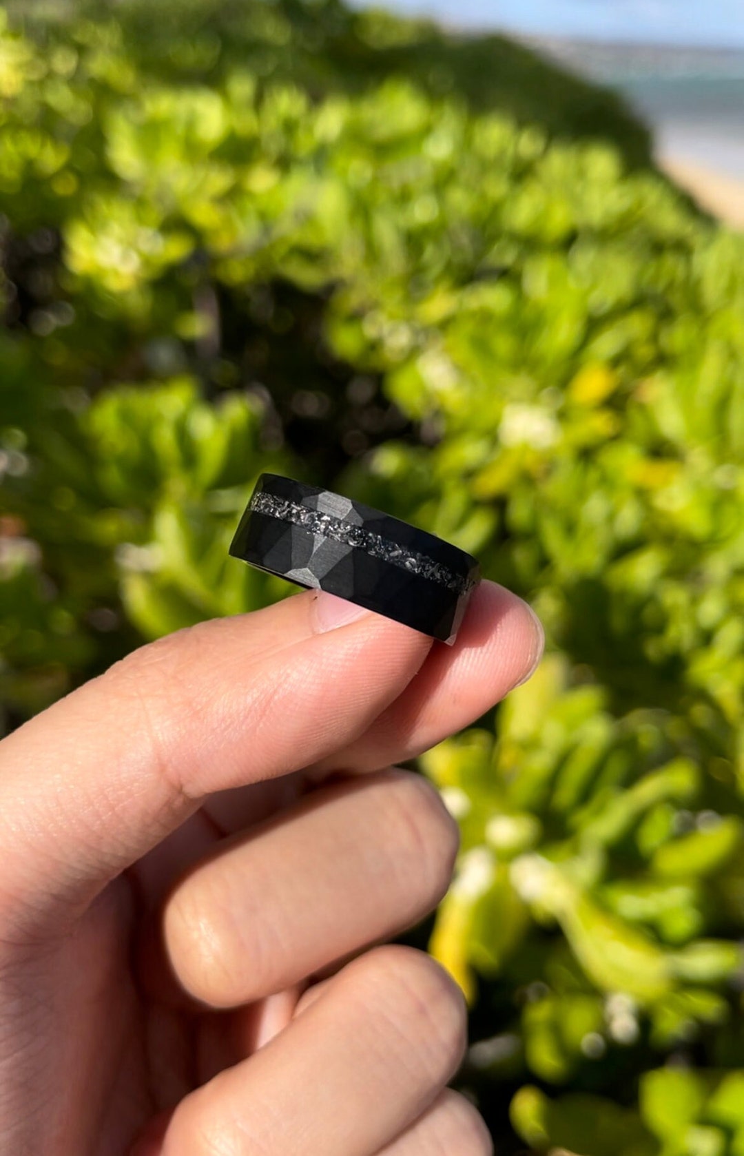 Matte Black Obsidian and Meteorite Hammered Tungsten Men's Wedding Bang ...