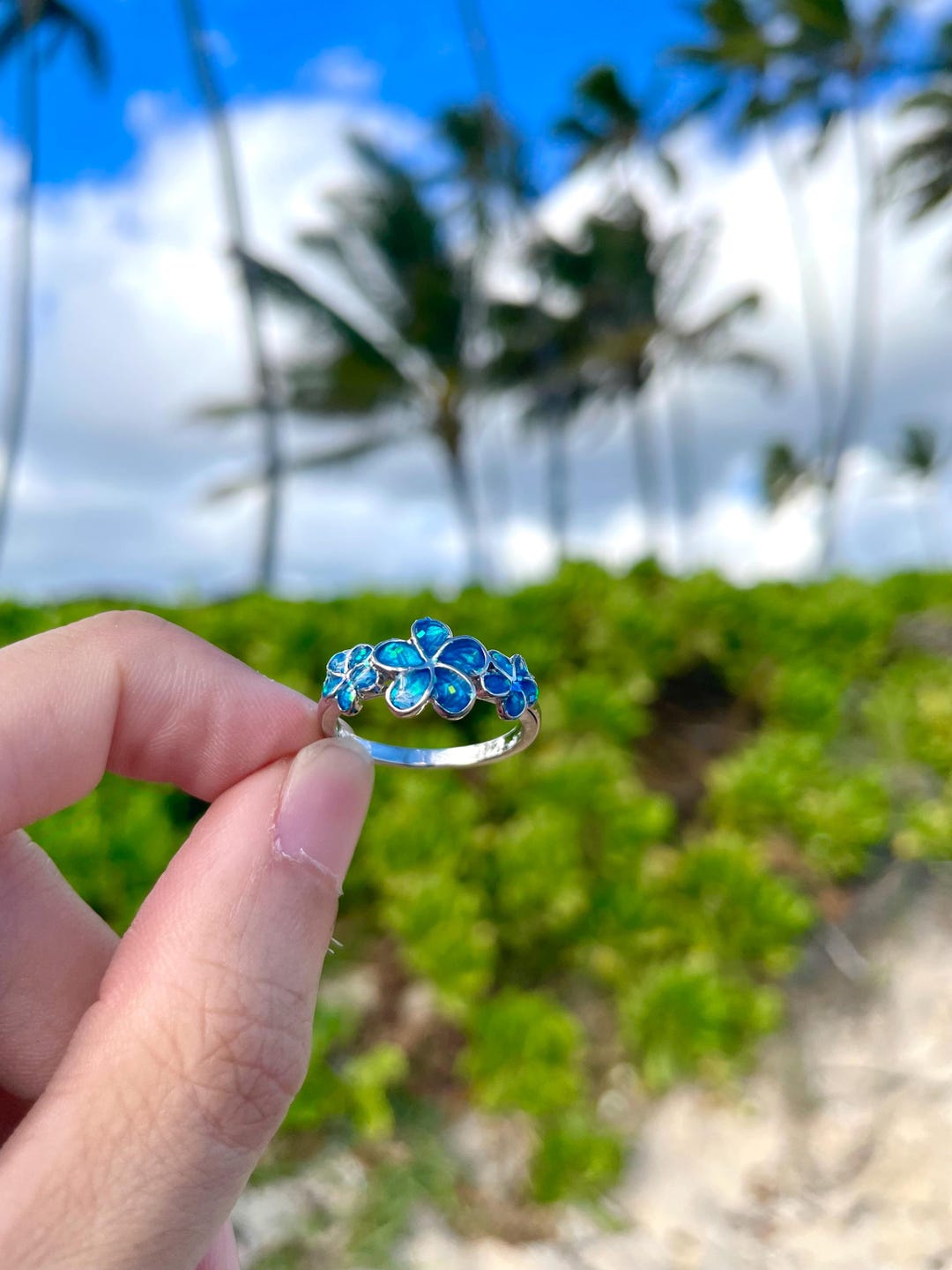 Sterling Silver Triple Plumeria Flower Ring Blue Imitation Opal Resin ...