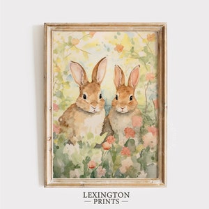 Spring Bunny Rabbits Spring Decor Vintage Spring Watercolor Print ...