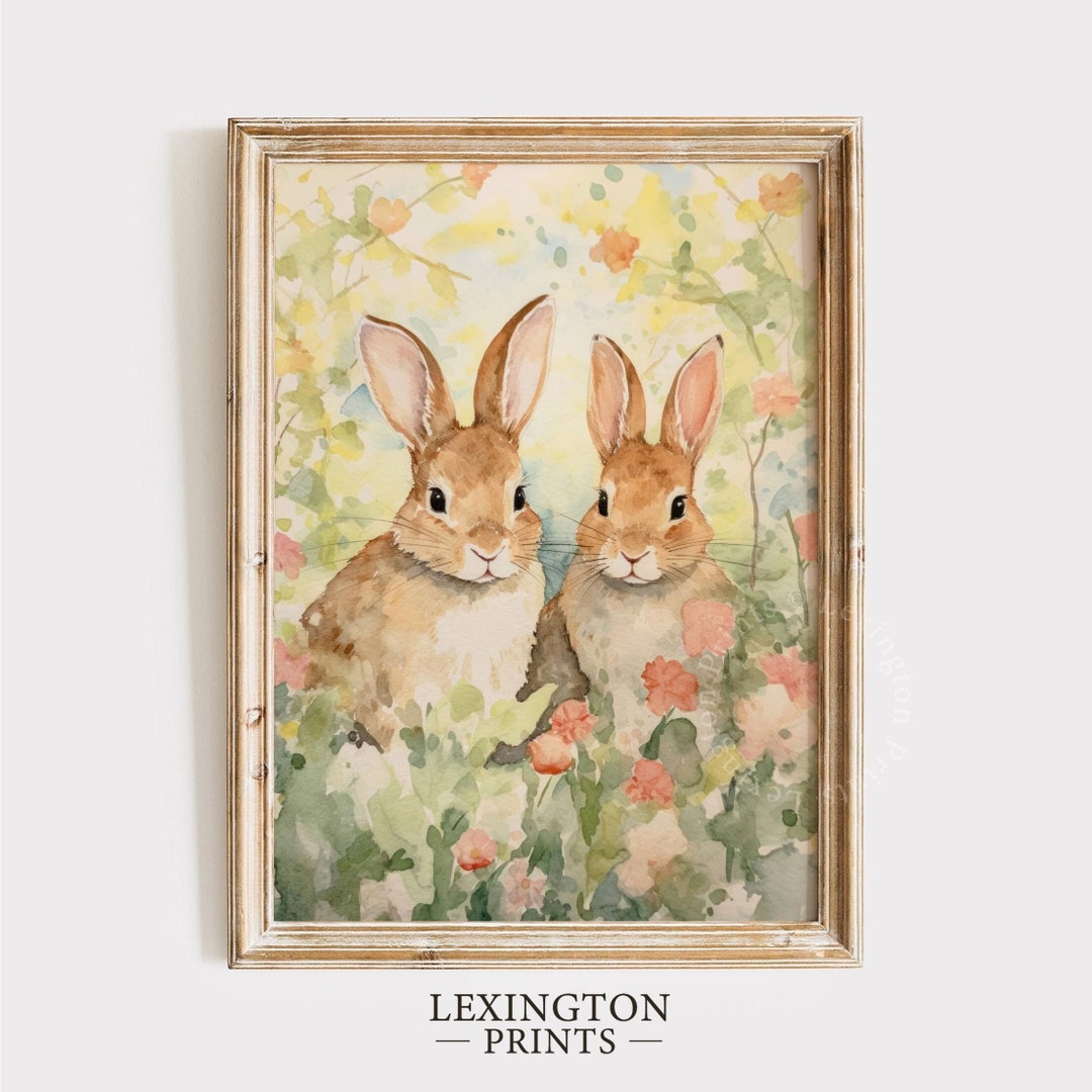 Spring Bunny Rabbits Spring Decor Vintage Spring Watercolor Print ...