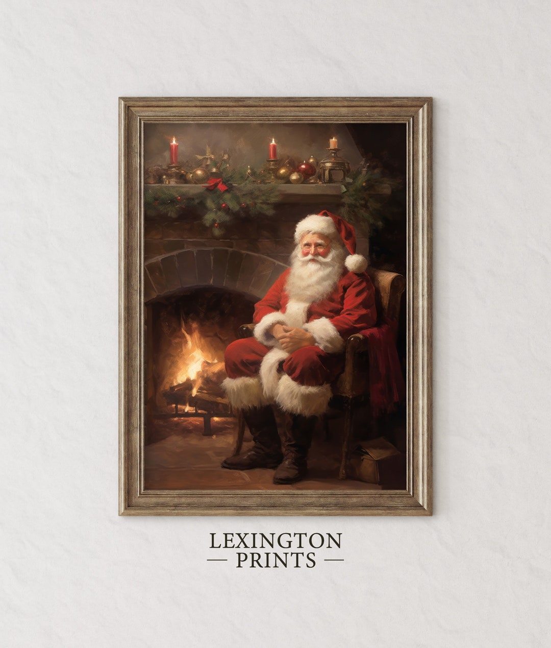 Santa Fireplace Vintage Christmas Wall Art Christmas Santa Painting Christmas Holiday Art Winter ...