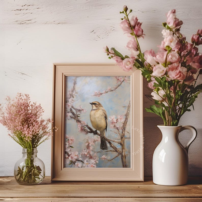 Bird in Cherry Blossom Tree Art Spring Wall Art Spring Print Spring ...