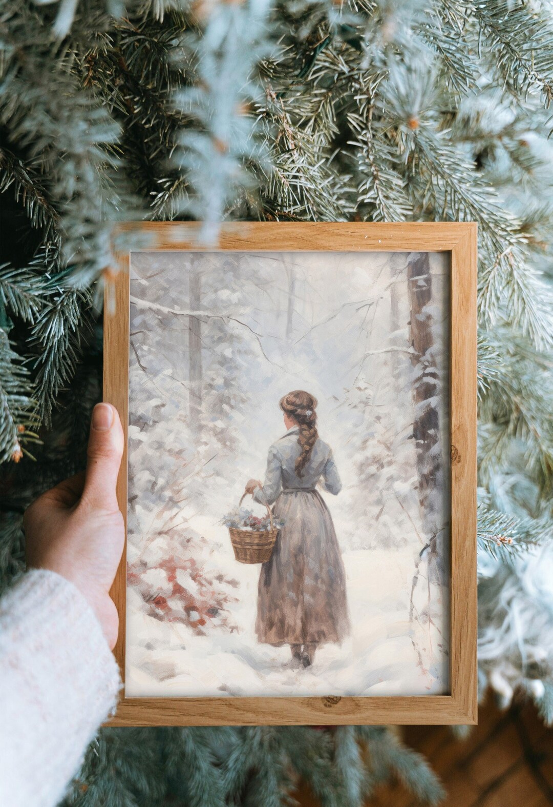 Woman Snowy Forest Print Rustic Winter Print Christmas Print Vintage ...