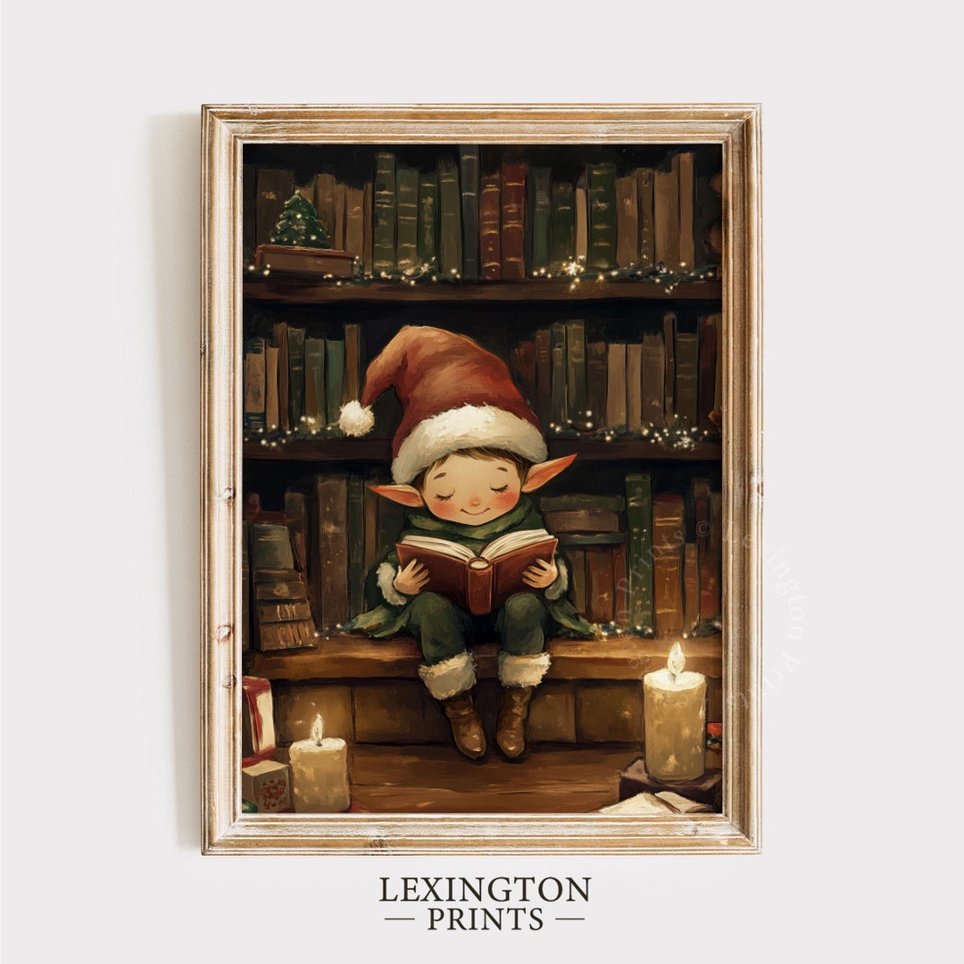 Christmas Elf Reading Book Print, Christmas Printable Wall Art, Cute ...