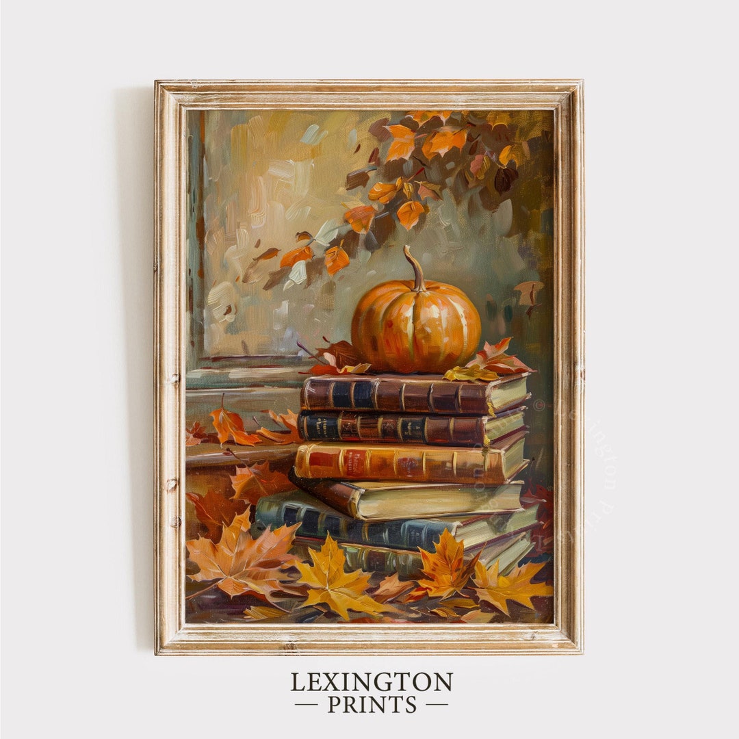 Vintage Book Stack Fall Printable Wall Art, Fall Print Pumpkin Wall Art ...