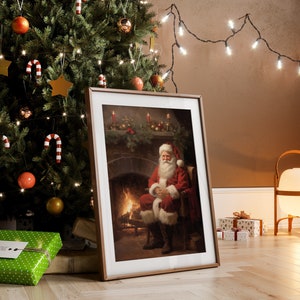 Santa Fireplace Vintage Christmas Wall Art Christmas Santa Painting Christmas Holiday Art Winter ...