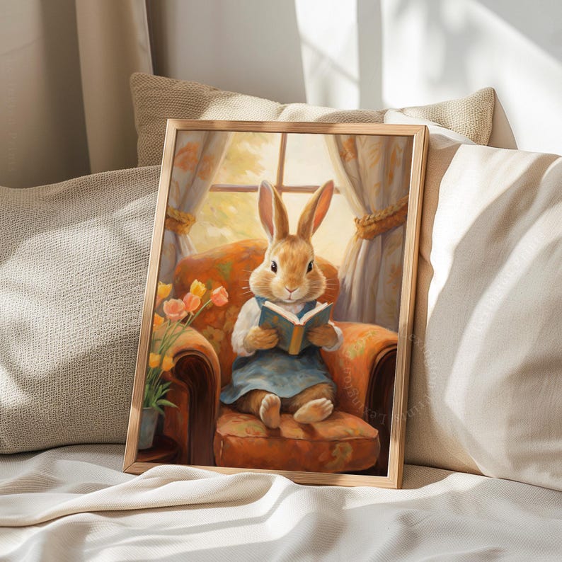Cute Easter Bunny Reading A Book Easter Wall Art Easter Print Spring ...