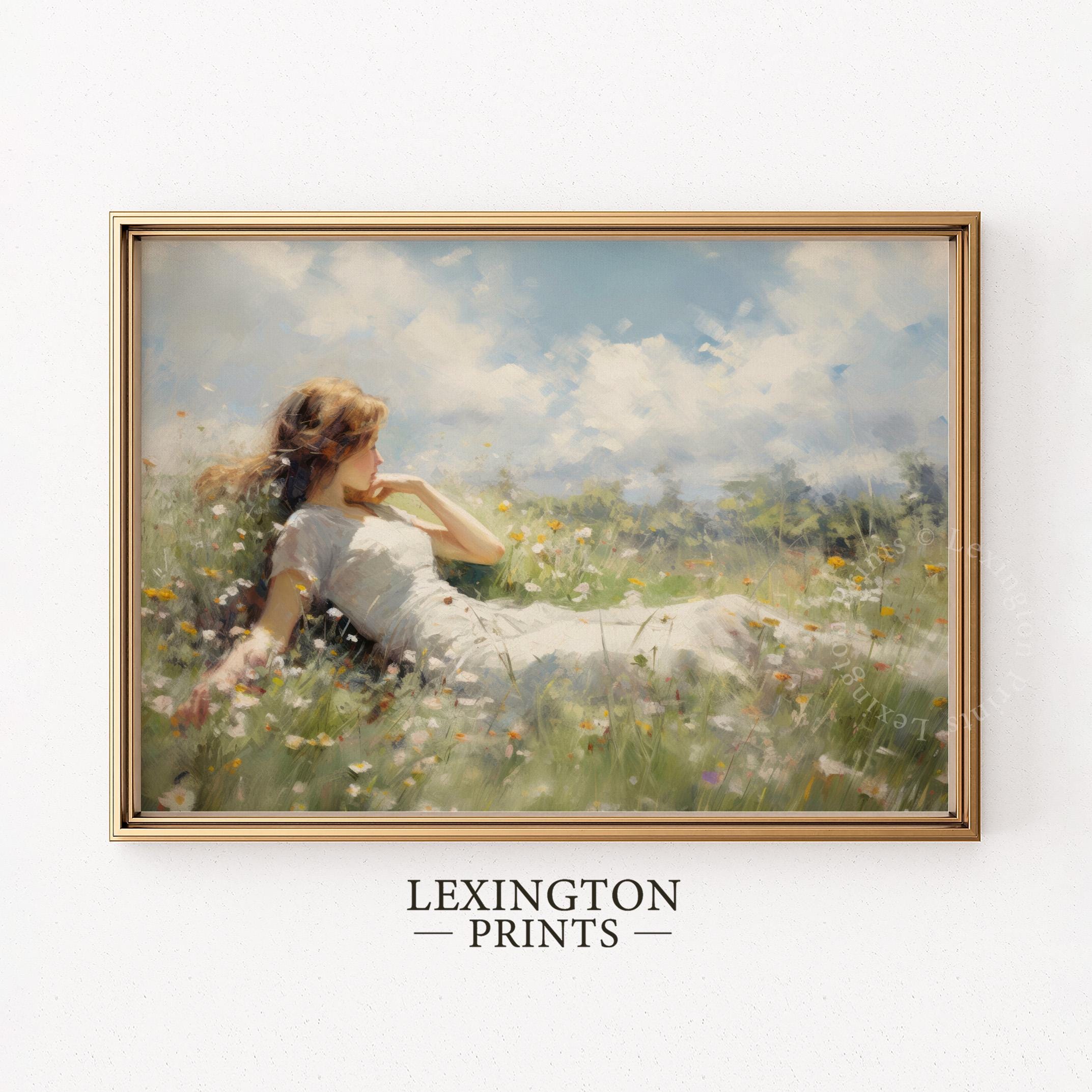 Woman in Wildflower Field Landscape Painting Spring Decor Spring Print ...