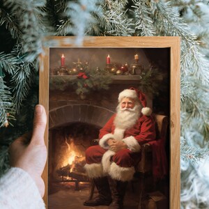 Santa Fireplace Vintage Christmas Wall Art Christmas Santa Painting Christmas Holiday Art Winter ...