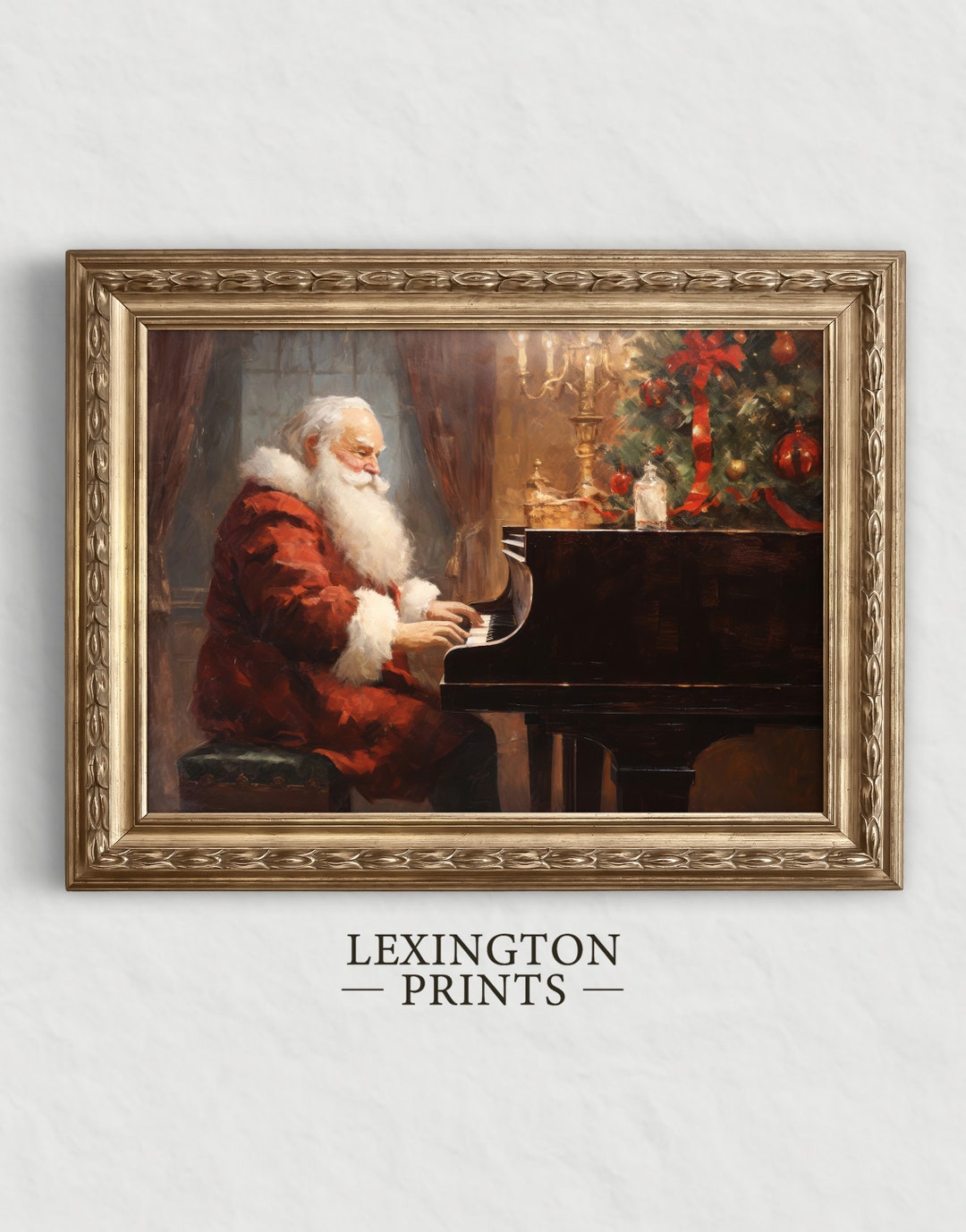 Santa Oil Painting Vintage Christmas Santa Playing Piano Christmas Wall ...