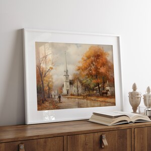 Vintage Fall Town City Art Landscape Painting Vintage American Fall ...
