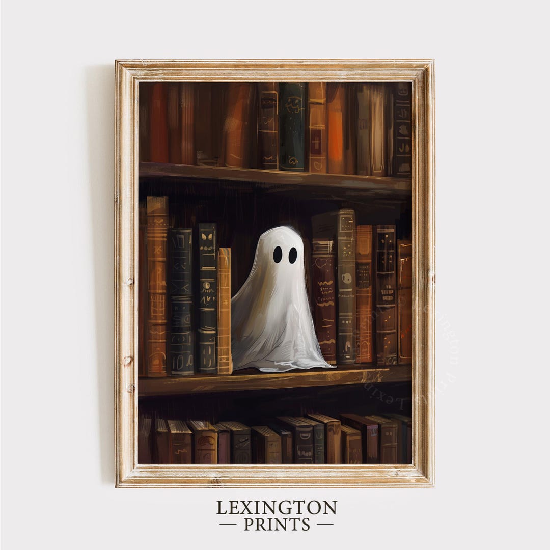 Cute Ghost Bookshelf Print, Halloween Printable Wall Art Gothic Book ...