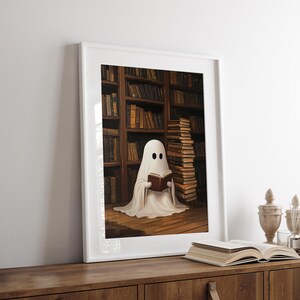 Library Ghost Print Halloween Printable Wall Art, Ghost Reading Print ...