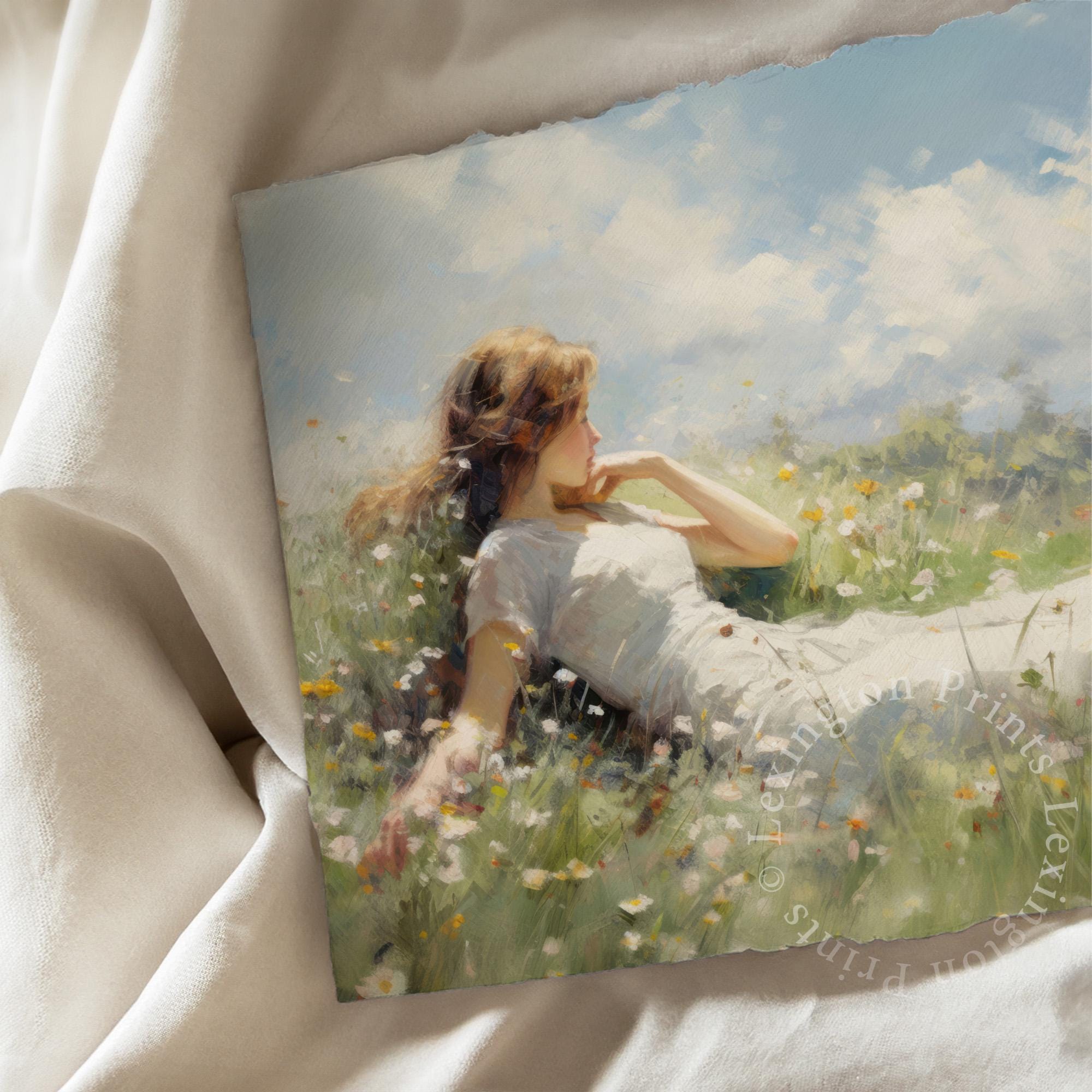 Woman in Wildflower Field Landscape Painting Spring Decor Spring Print ...