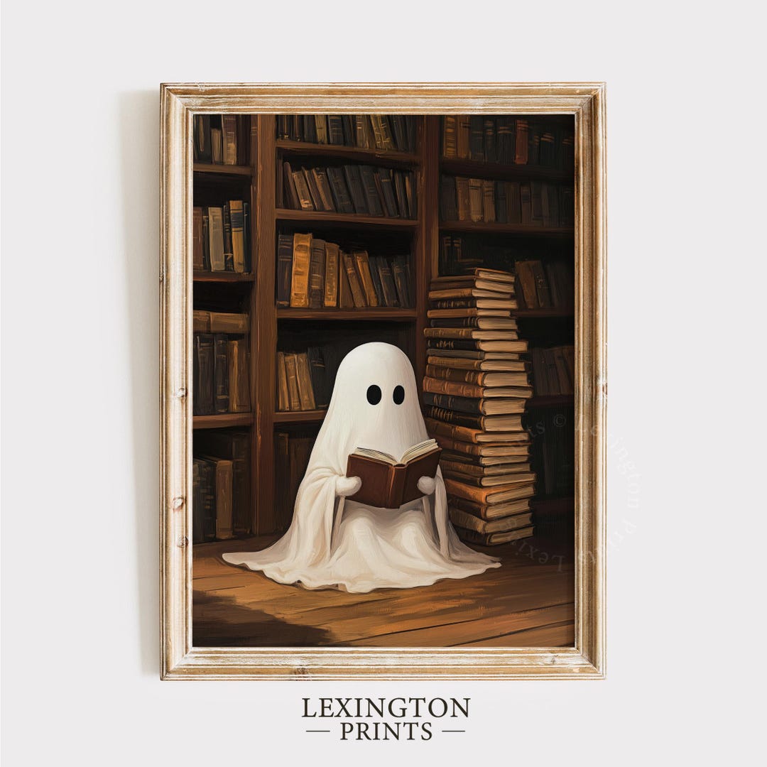 Library Ghost Print Halloween Printable Wall Art, Ghost Reading Print ...