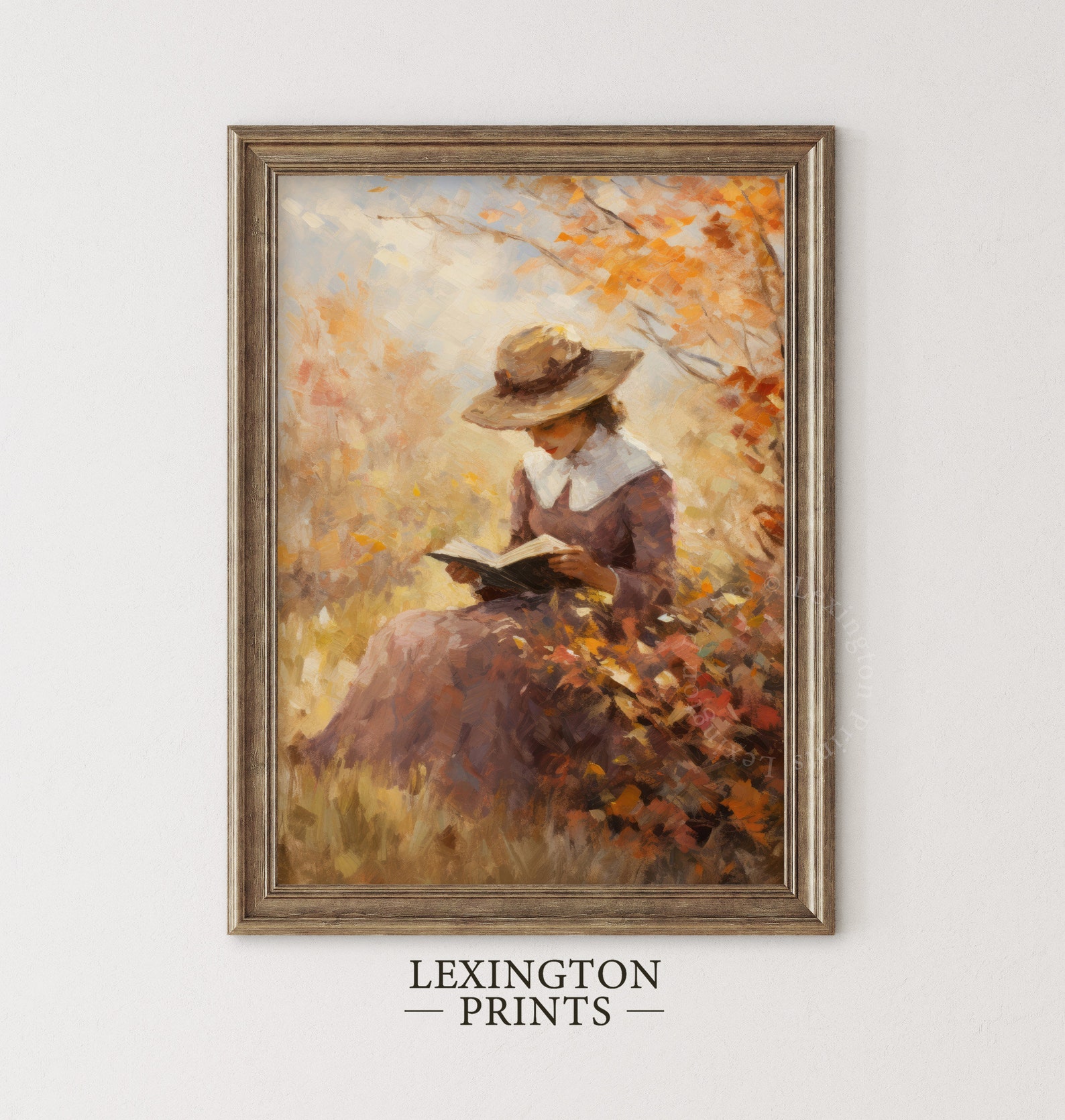 Vintage Fall Wall Art Woman Reading Book Fall Decor Fall Oil Painting ...