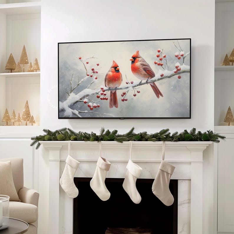 Snowy Winter Cardinal Bird Christmas Frame TV Art Christmas Wall Art ...