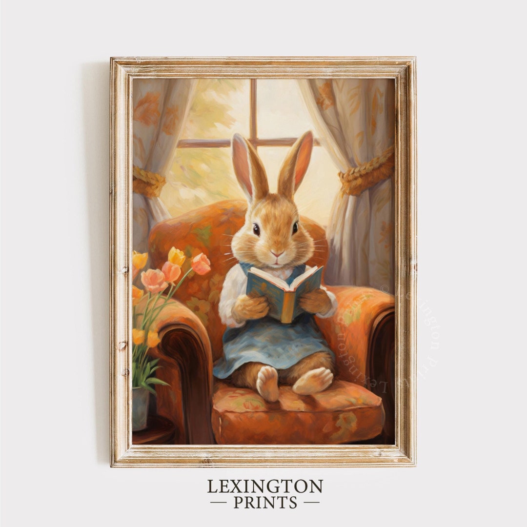 Cute Easter Bunny Reading A Book Easter Wall Art Easter Print Spring ...