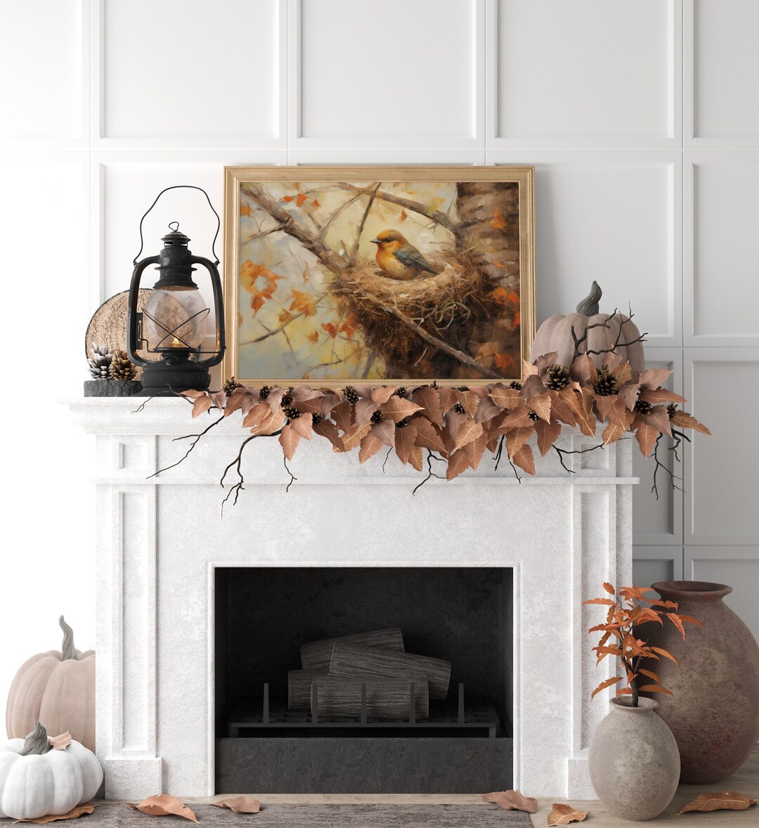 Printable Vintage Fall Bird Art Autumn Decor Rustic Fall Wall Oil ...