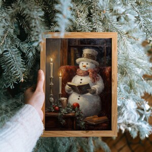 Art Vintage Christmas Wall Art Snowman Reading Book Art Print Christmas ...