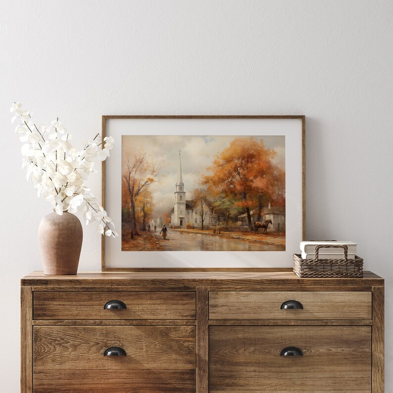 Vintage Fall Town City Art Landscape Painting Vintage American Fall ...