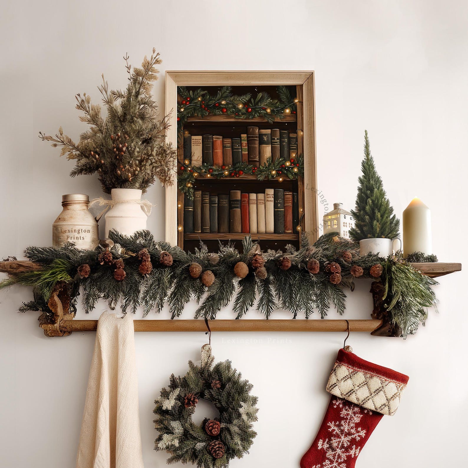 Festive Christmas Bookshelf Print, Christmas Printable Wall Art ...
