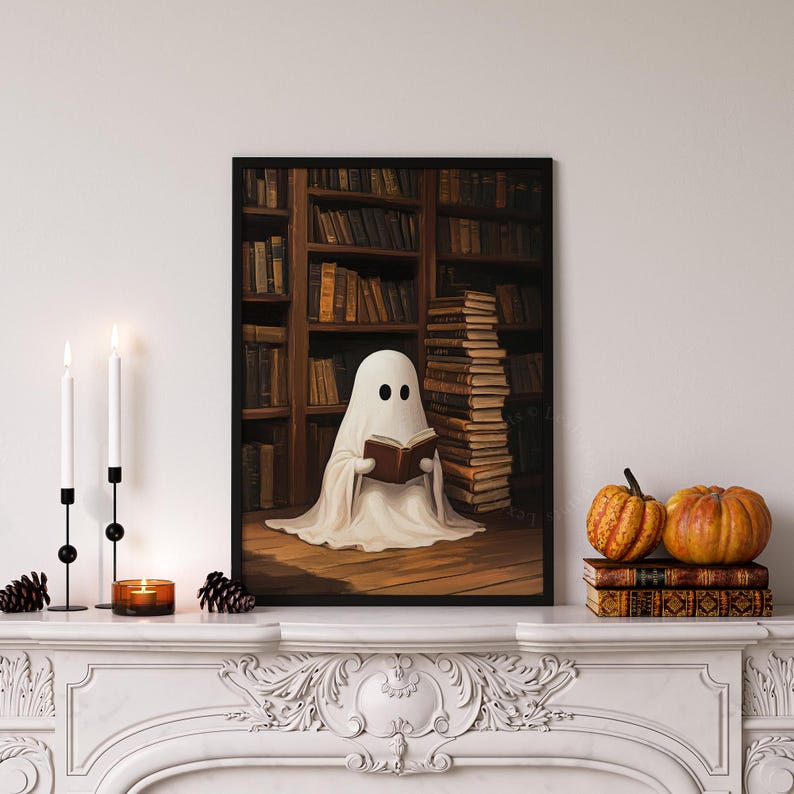 Library Ghost Print Halloween Printable Wall Art, Ghost Reading Print ...