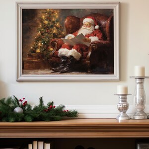 Santa Living Room Vintage Christmas Wall Art Christmas Santa Reading Painting Christmas Holiday ...