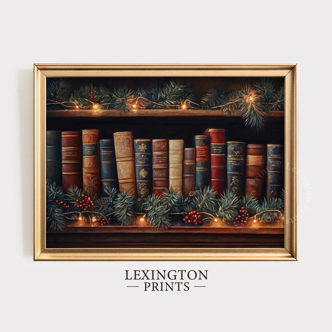 Moody Christmas Bookshelf Print, Christmas Printable Wall Art, Dark ...