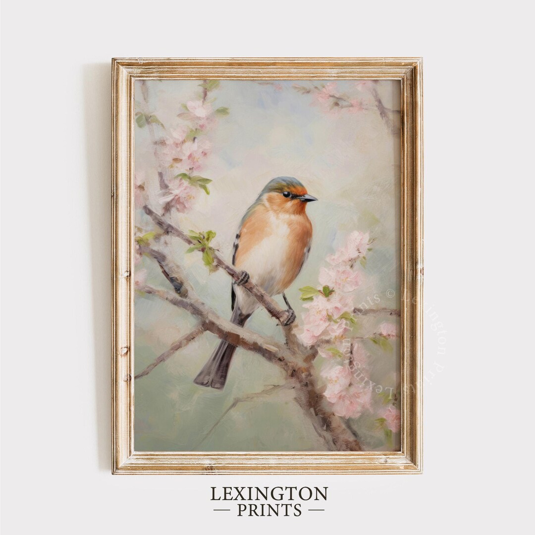 Spring Bird in Cherry Blossom Tree Spring Wall Art Vintage Spring Print ...
