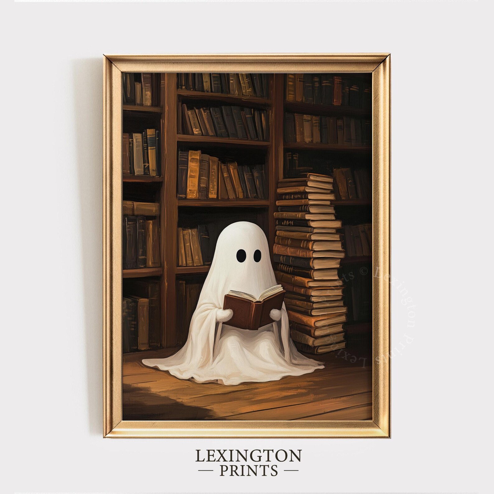 Library Ghost Print Halloween Printable Wall Art, Ghost Reading Print ...