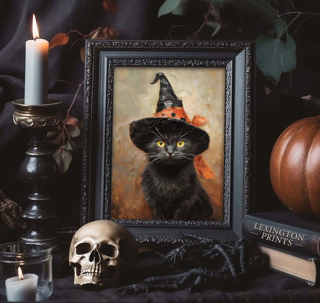 Rustic Halloween Wall Art Black Cat Witchy Decor Halloween Cat Painting ...