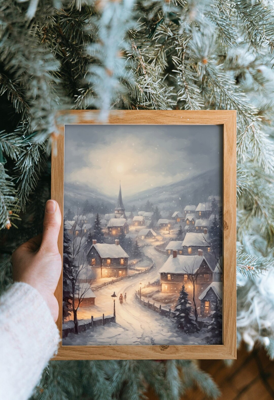 Winter Town City Art Vintage Christmas Wall Art Landscape Painting ...
