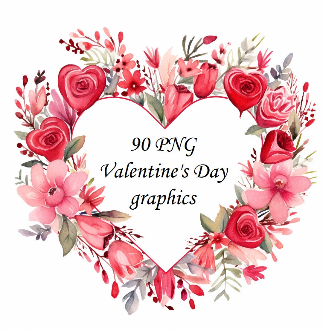 Watercolor Valentine's Day Digital Clipart-90 PNG Graphics-commercial ...