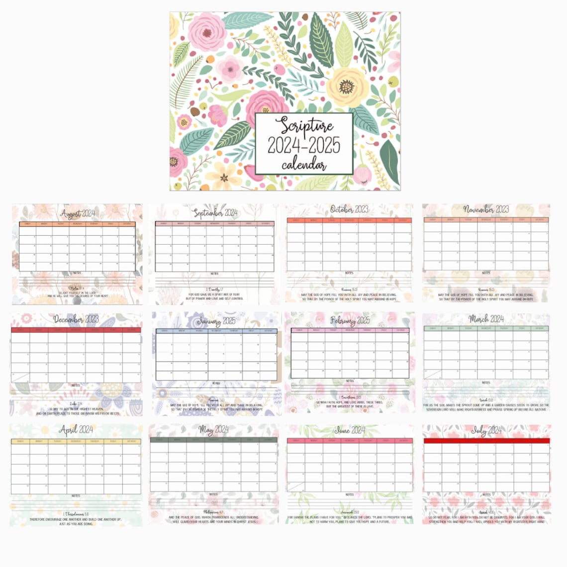 Scripture Printable Calendar 2024 2025, Monthly Christian Calendar ...