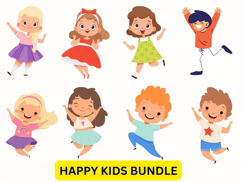 Happy Doodle Kids Clipart Set, Happy Children Jumping With Joy, Cartoon ...