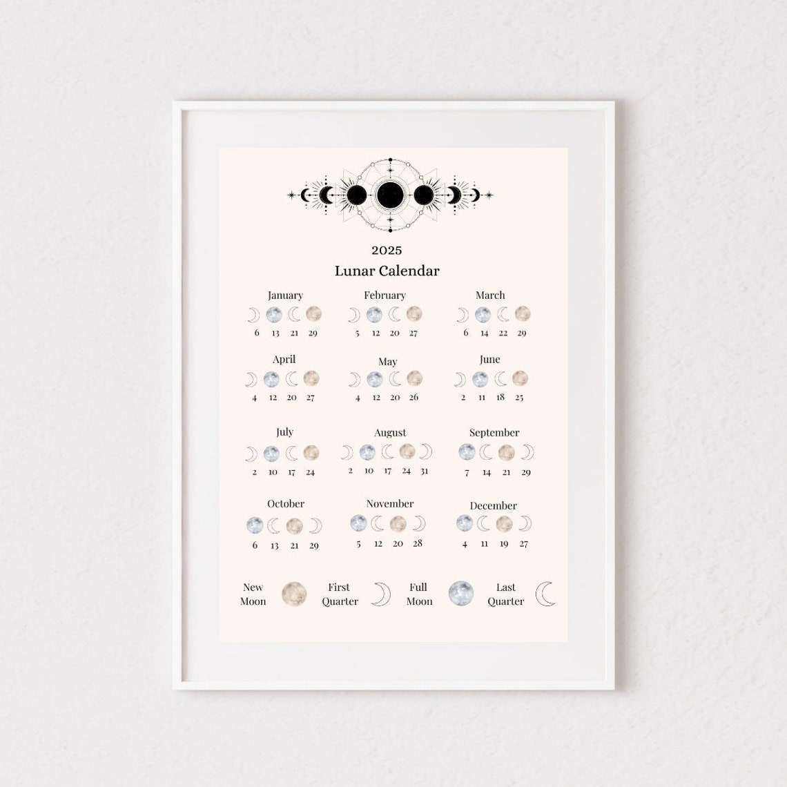2025 Lunar Calendar Printable | Moon Phase Calendar | Digital Download ...