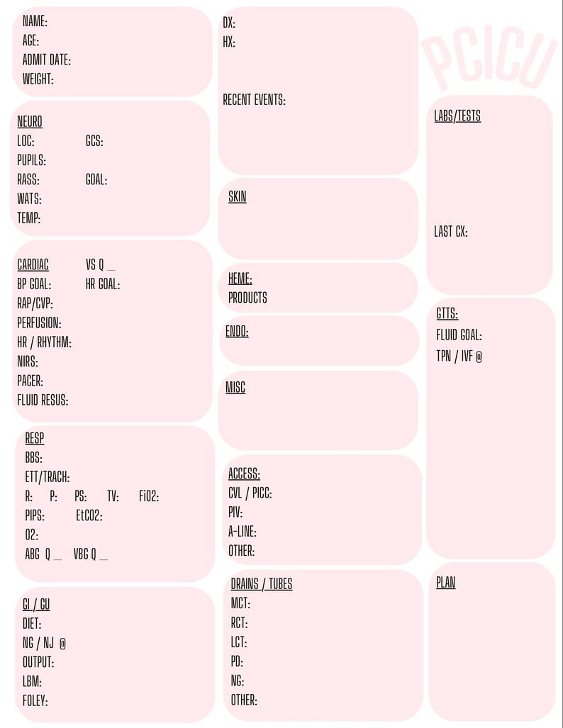 Pink PICU Nursing Report Sheet, PCICU Nursing Report, Pediatric Nurse ...