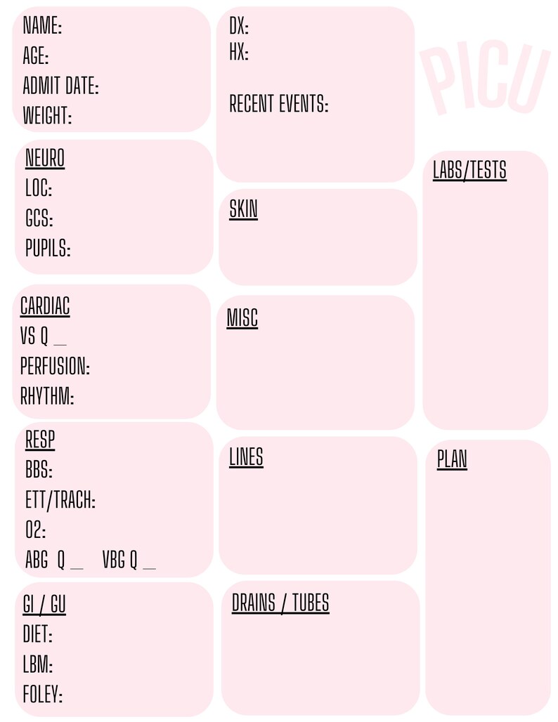 Pink PICU Nursing Report Sheet, PCICU Nursing Report, Pediatric Nurse ...