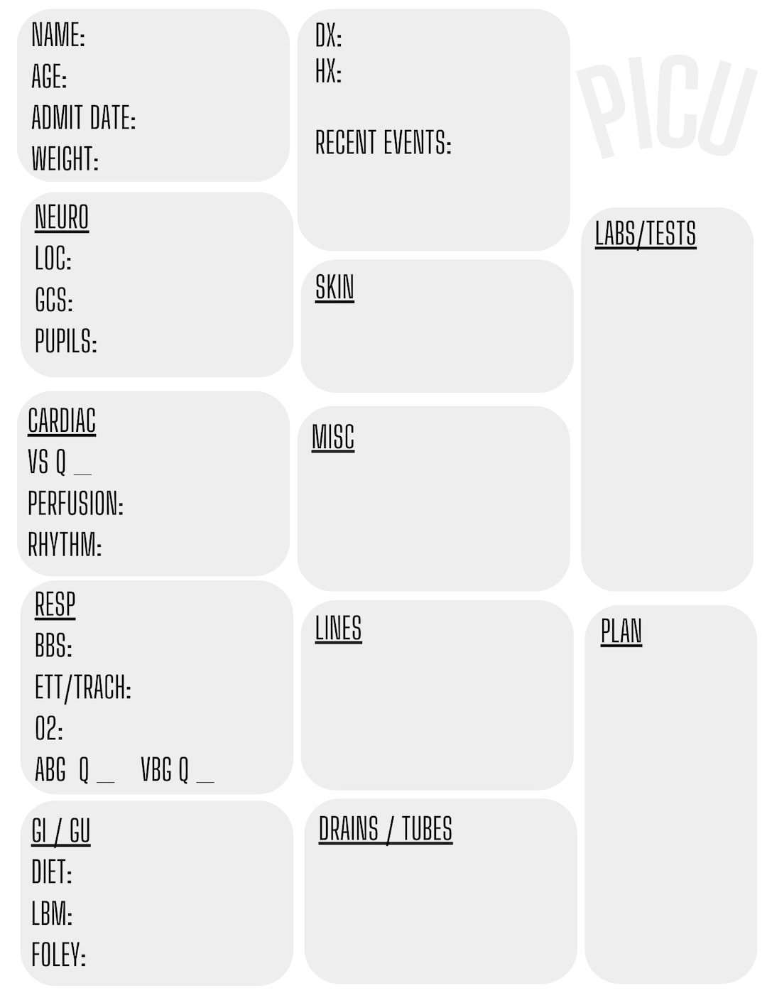 Gray PICU Nursing Report Sheet, PCICU Nursing Report, Pediatric Nurse ...