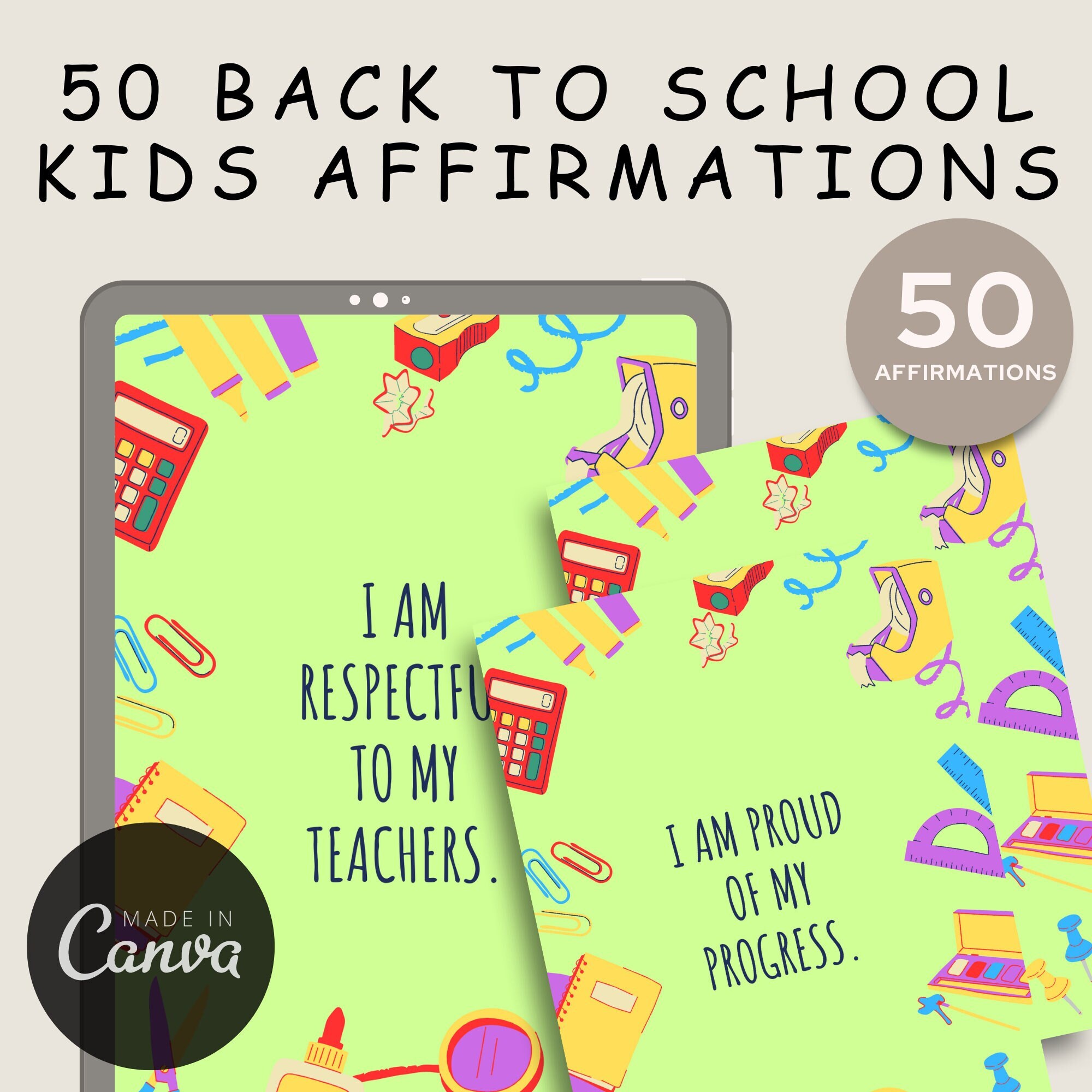 50 Kids Affirmation Cards, Back to School, Editable on Canva, Kids Back ...