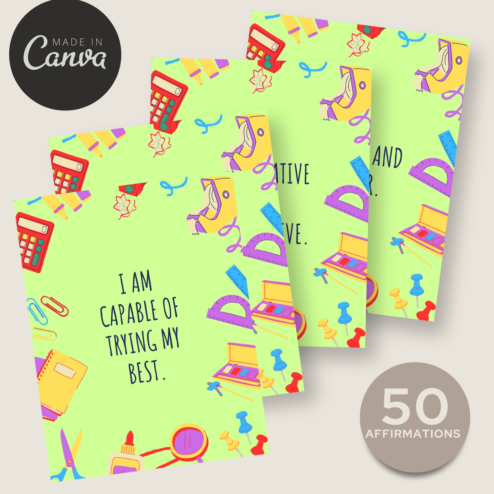 50 Kids Affirmation Cards, Back to School, Editable on Canva, Kids Back ...